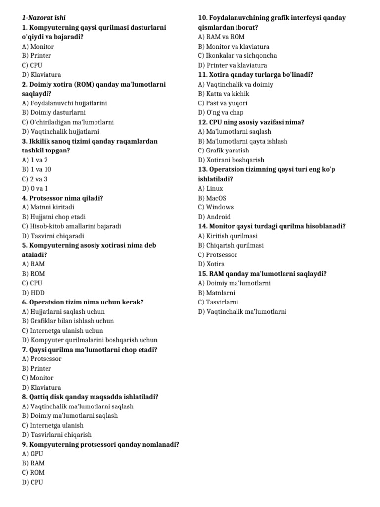 9-Sinf Informatika Test Yillik Admin | PDF