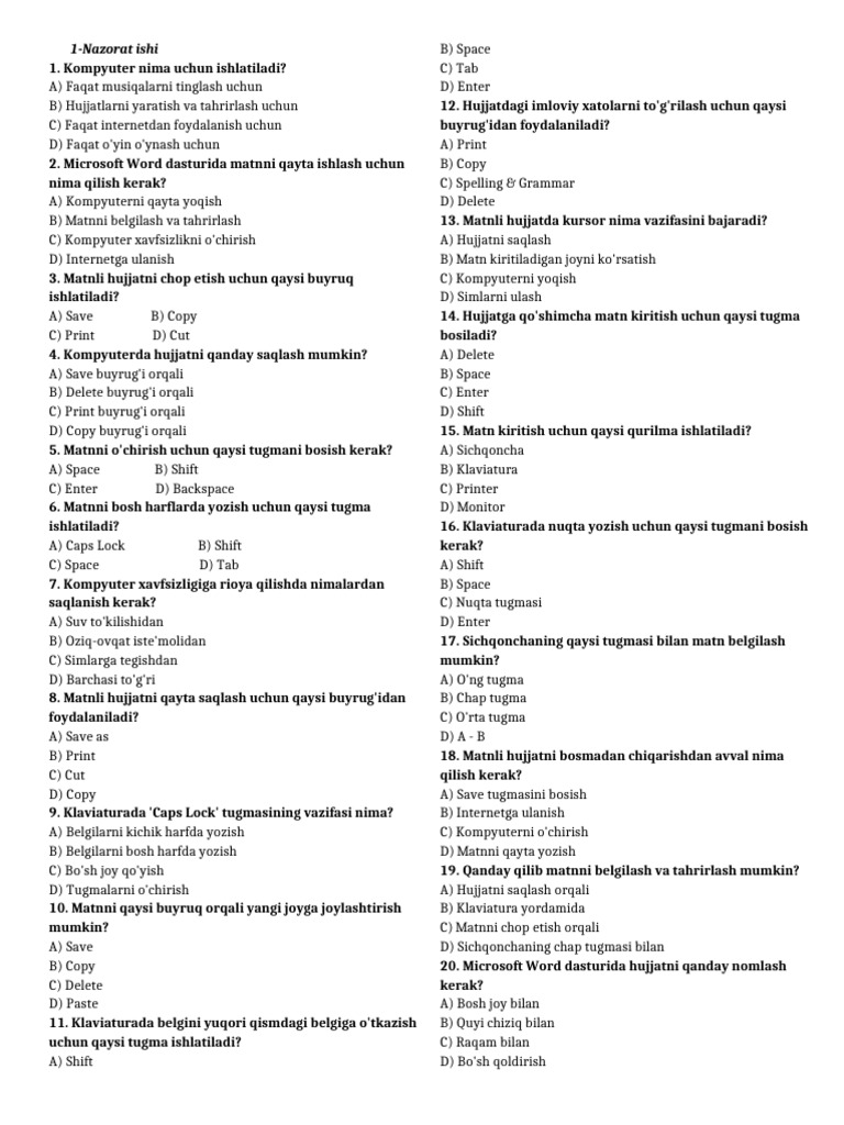 5-Sinf Informatika Test Yillik Admin | PDF