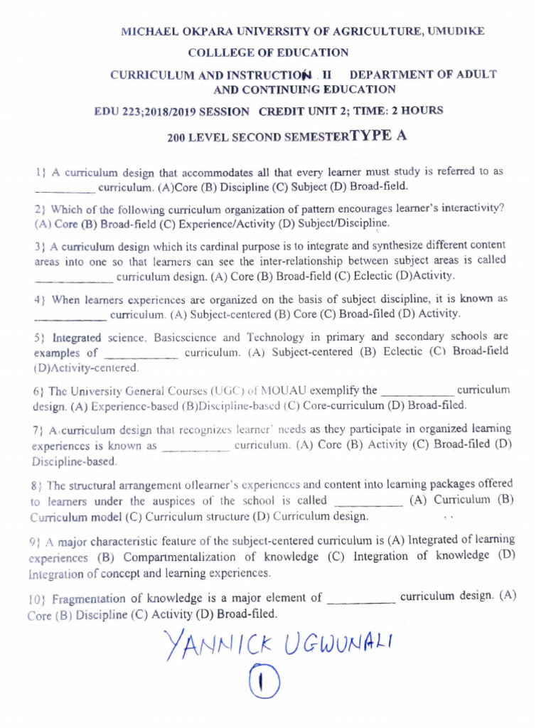 Edu 223 Past Questions 2018.2019 | PDF