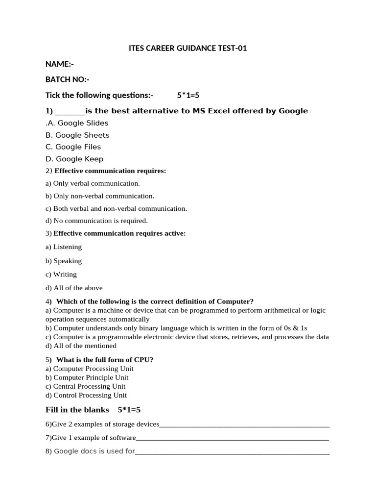 ITES Career Guidance Test Questions | PDF