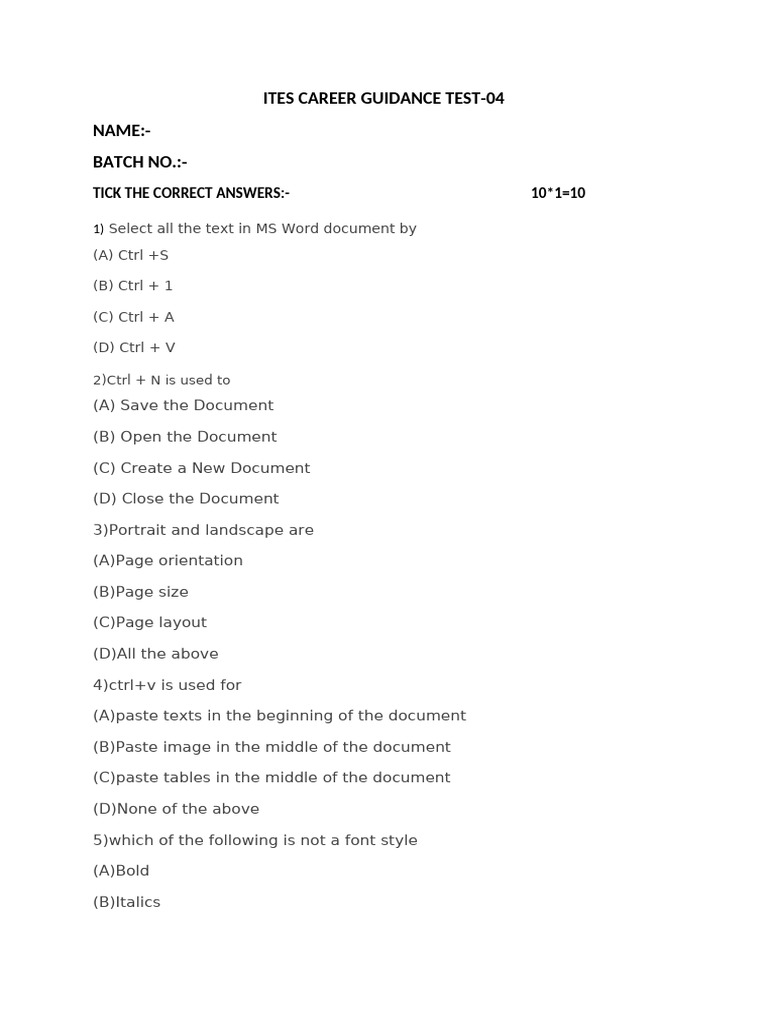 ITES Career Guidance Test: MS Office Skills | PDF