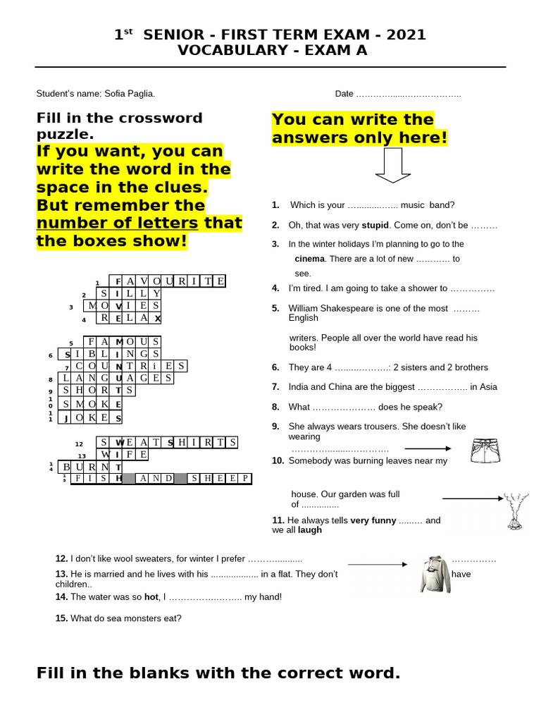 1st Senior - Vocabulary Exam - Corrected Version | PDF | Crossword