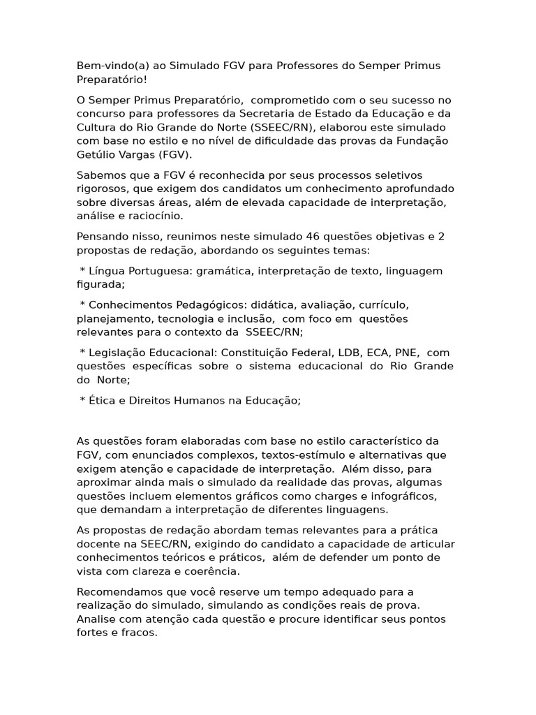 Simulado FGV Seec Semper Primus | PDF | Pedagogia | Aprendizado