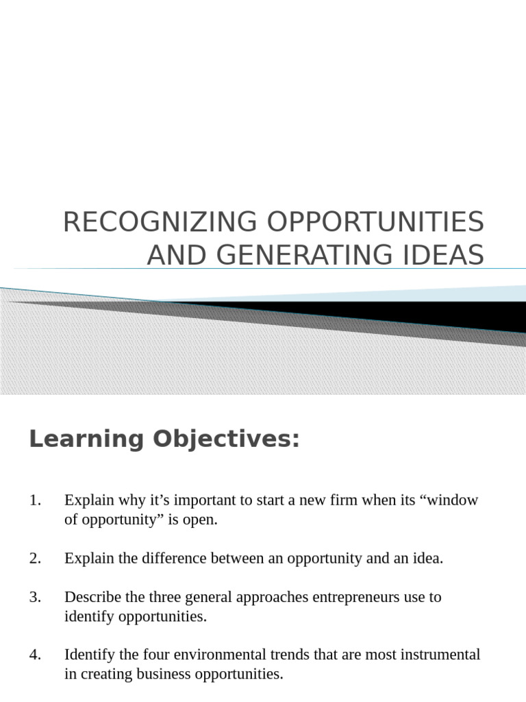BUSINESS OOPPORTUNITY IDENTIFICATION AND IDEA GENERATION | PDF | Entrepreneurship