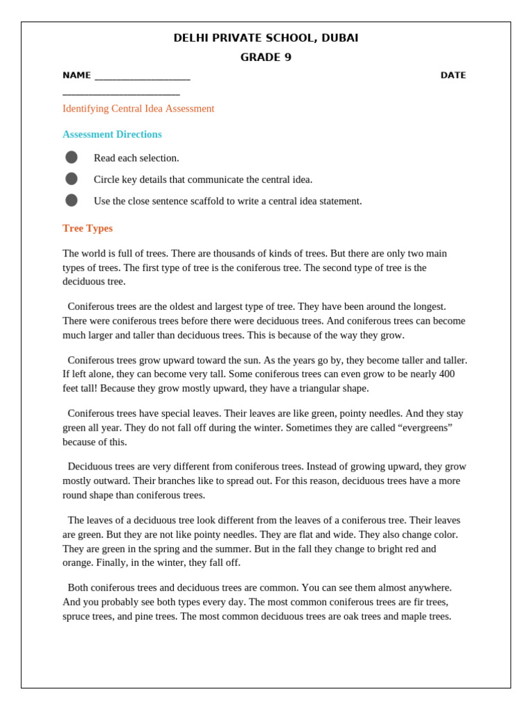 10-Identifying Central Idea Assessment | PDF | Spider Web | Trees