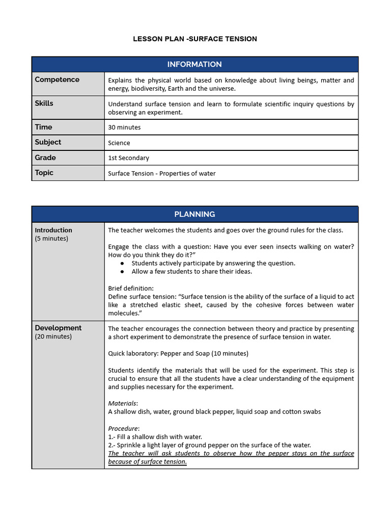 Lesson Plan - Surface Tension | PDF | Concentración | Hidróxido de sodio