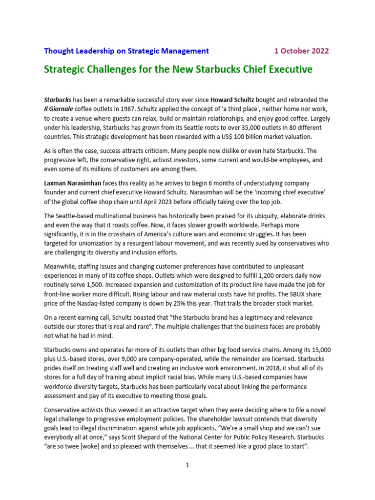 Starbucks CEO Challenges & Strategy | PDF | Starbucks | Business