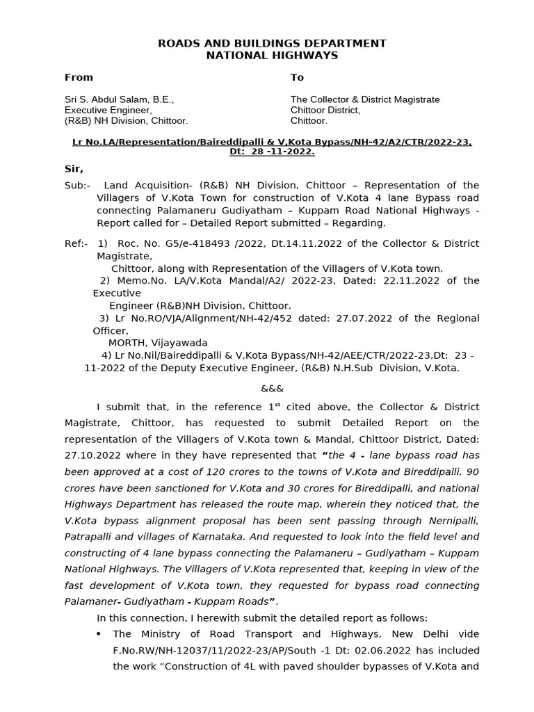 VKota Bypass Report 28.11.2022 | PDF | Road Infrastructure | Road Transport