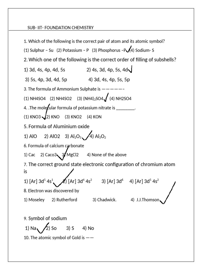 IIT Foundation Chemistry Quiz | PDF | Electron Configuration | Physical ...