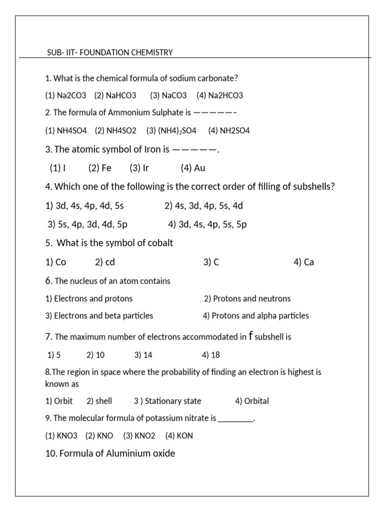 CLASS VIII Iit-foundation Chemistry QP WITH KEY (1) | PDF | Atoms ...