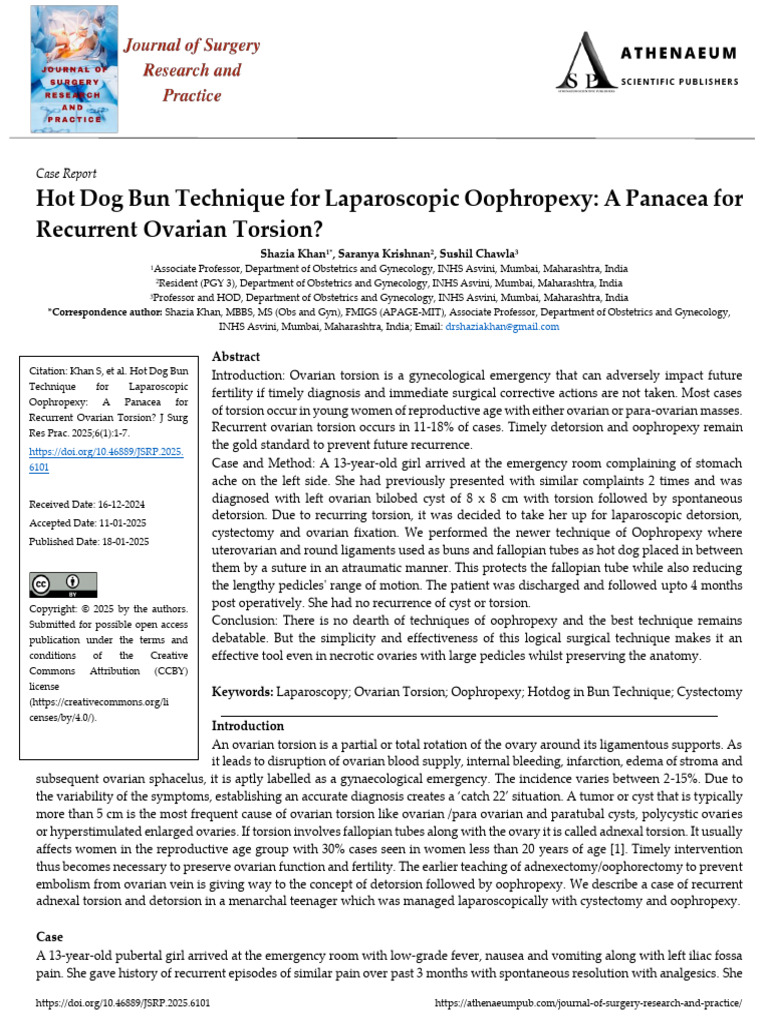 Hot Dog Bun Technique For Laparoscopic Oophropexy A Panacea For ...