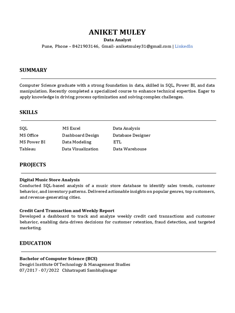 Resume Aniket Muley Data Analyst ETL[2] | PDF
