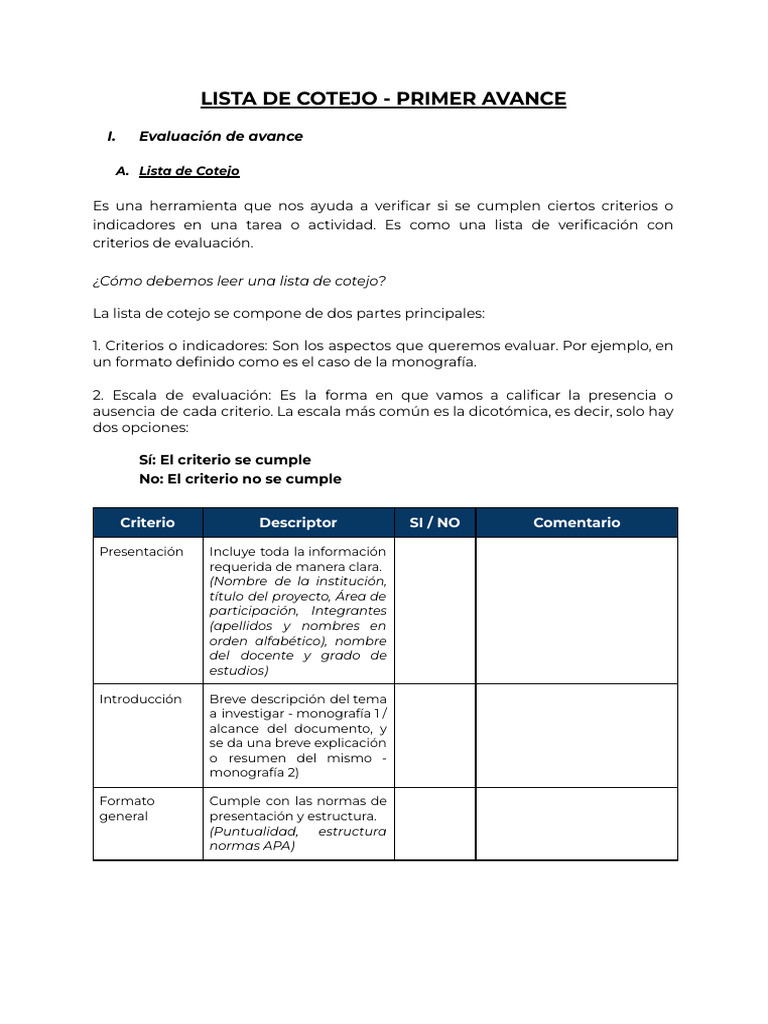 Lista de Cotejo para Evaluación de Avance | PDF