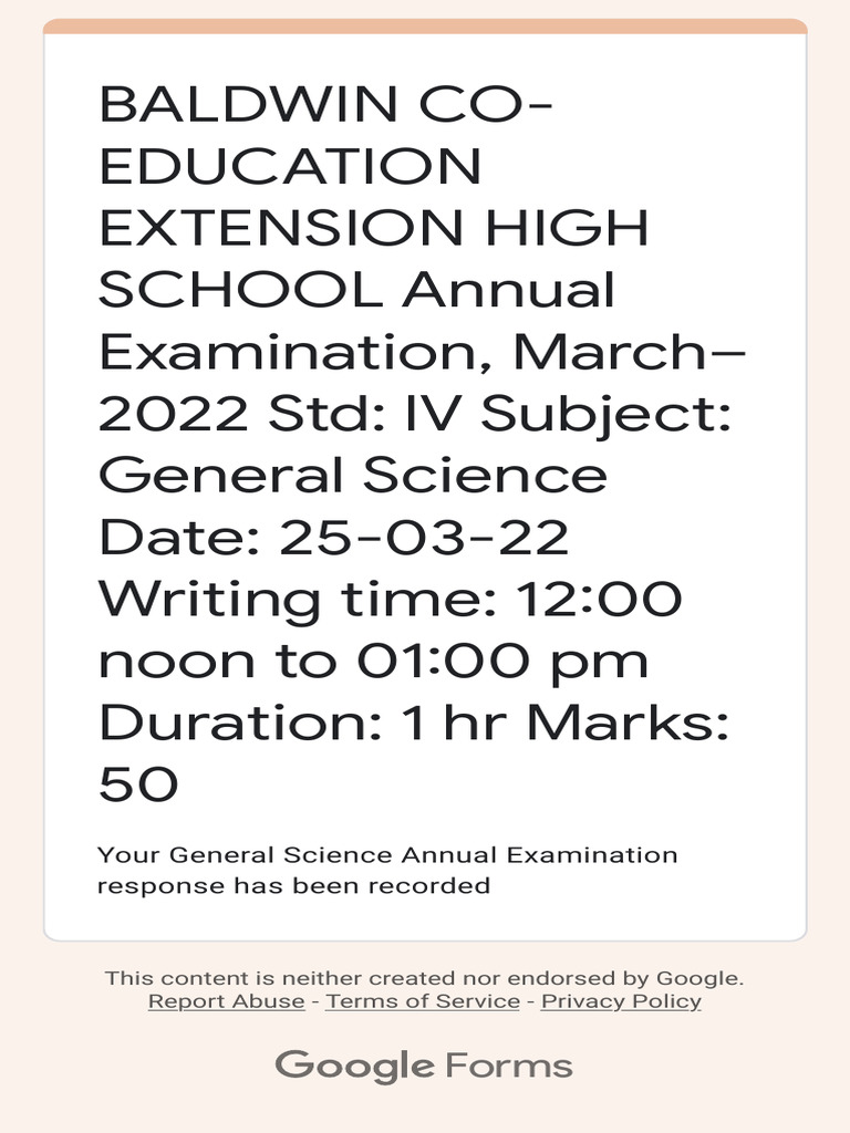 Baldwin Co-education Extension High School Annual Examination, March–2022 Std IV Subject General ...