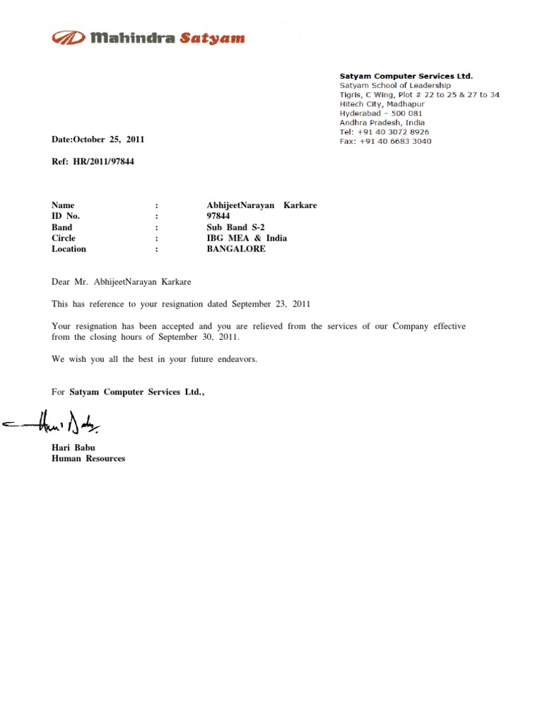 Mahendra Satyam Reliveing Letter | PDF | Business