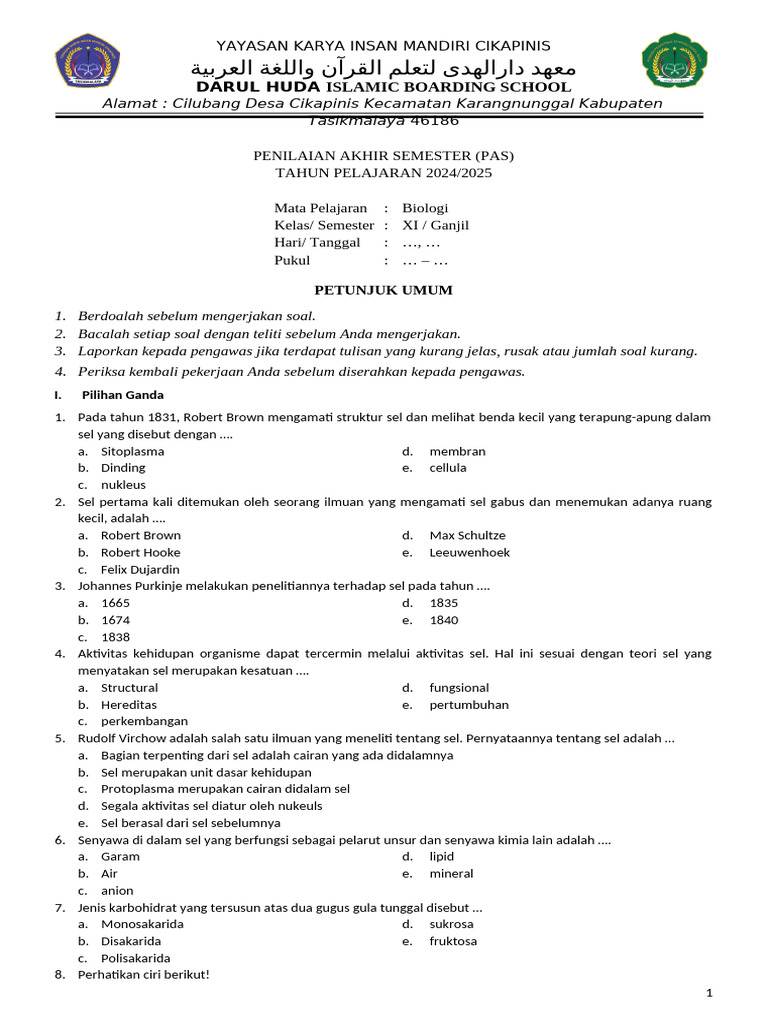 SOAL BIOLOGI KELAS 11 SEM 1 | PDF
