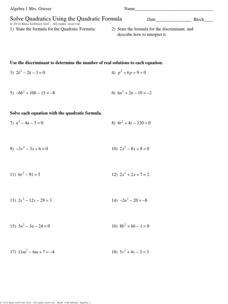 Kuta Alg 1 Quadratic Formula Discriminant Use As Warm Up PDF | PDF ...