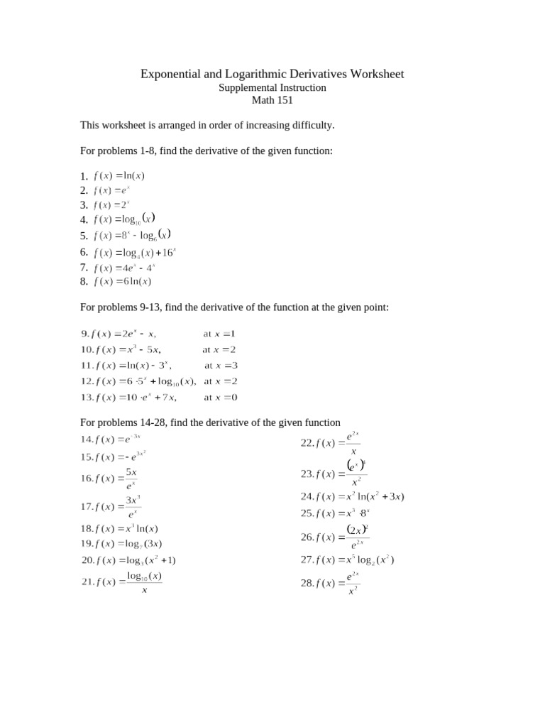Exponential and Logarithmic Derivatives Worksheet | PDF