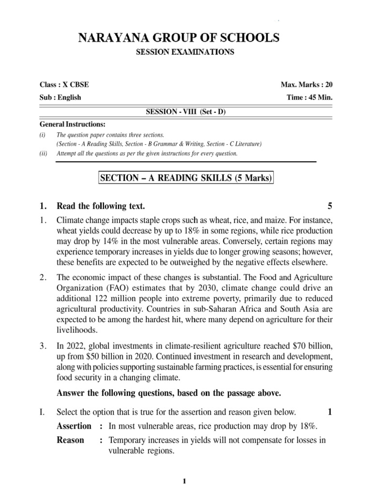 CBSE English Class X Phase - 2 Session - 8 (Set - D) Q.P PDF | PDF