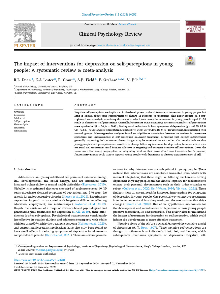 The Impact of Interventions For Depression On Self Percept - 2025 ...
