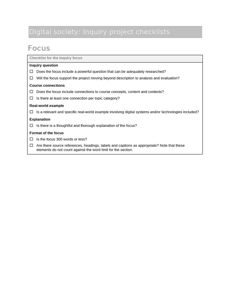 Inquiry Project Checklists for Digital Society | PDF | Evaluation | Inquiry