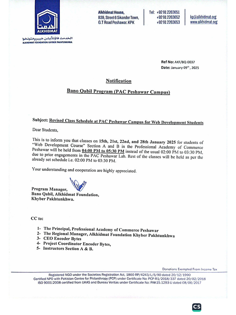 Notification Regarding Revised Schedule For Specific Days at PAC. | PDF