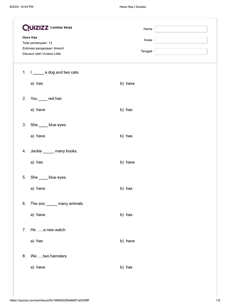 Have vs. Has Quiz Worksheet | PDF