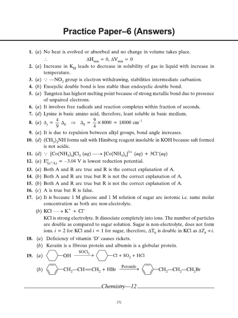 Cbse Cl12 Together Chemistry Answers To Practice Paper 6 | PDF