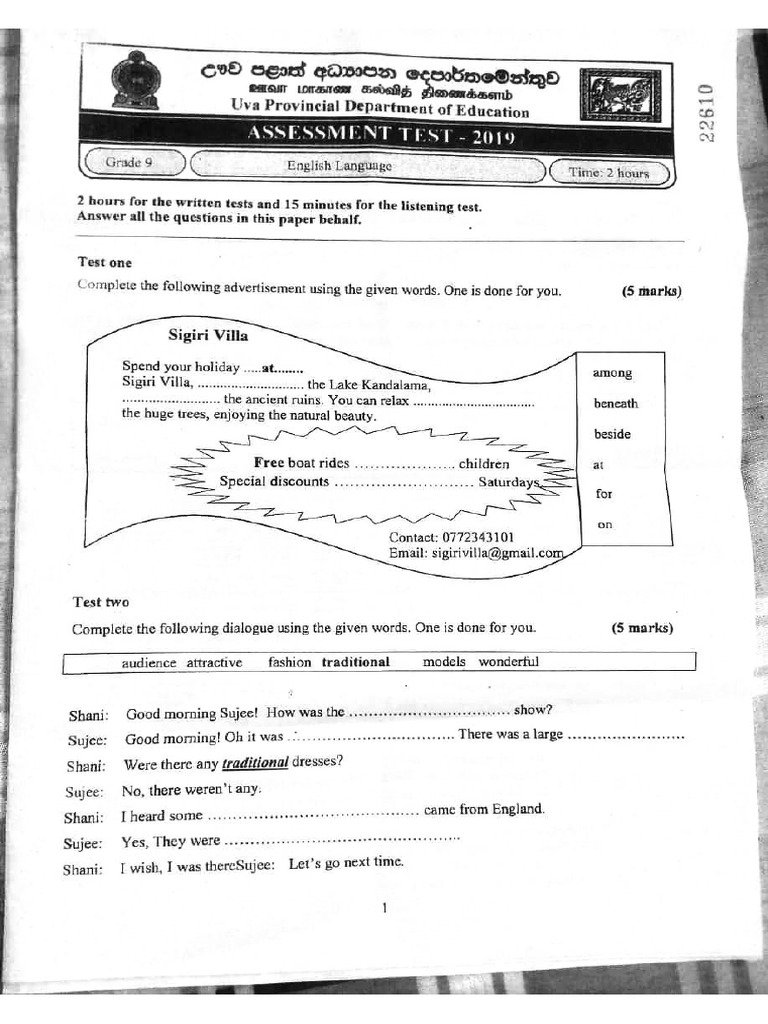 English Grade 9 Third Term Test 2019 Uva Province Pdf