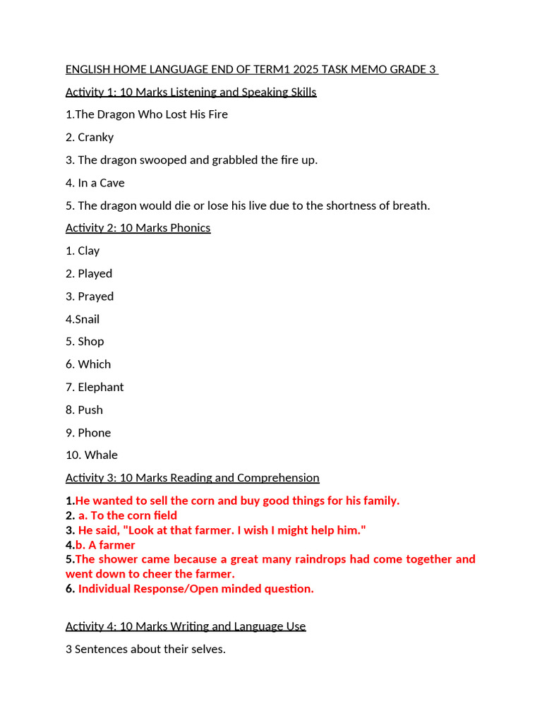 Grade 3 English Term 1 Task Memo | PDF