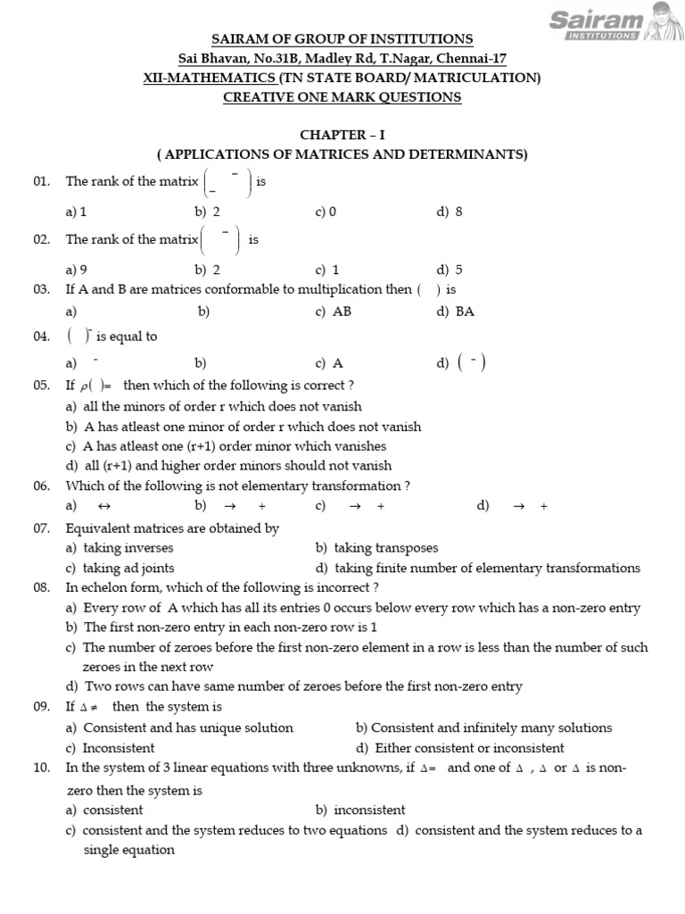 Xii Mathematics Creative One Mark Questions (Muthuraj Sir) | PDF ...