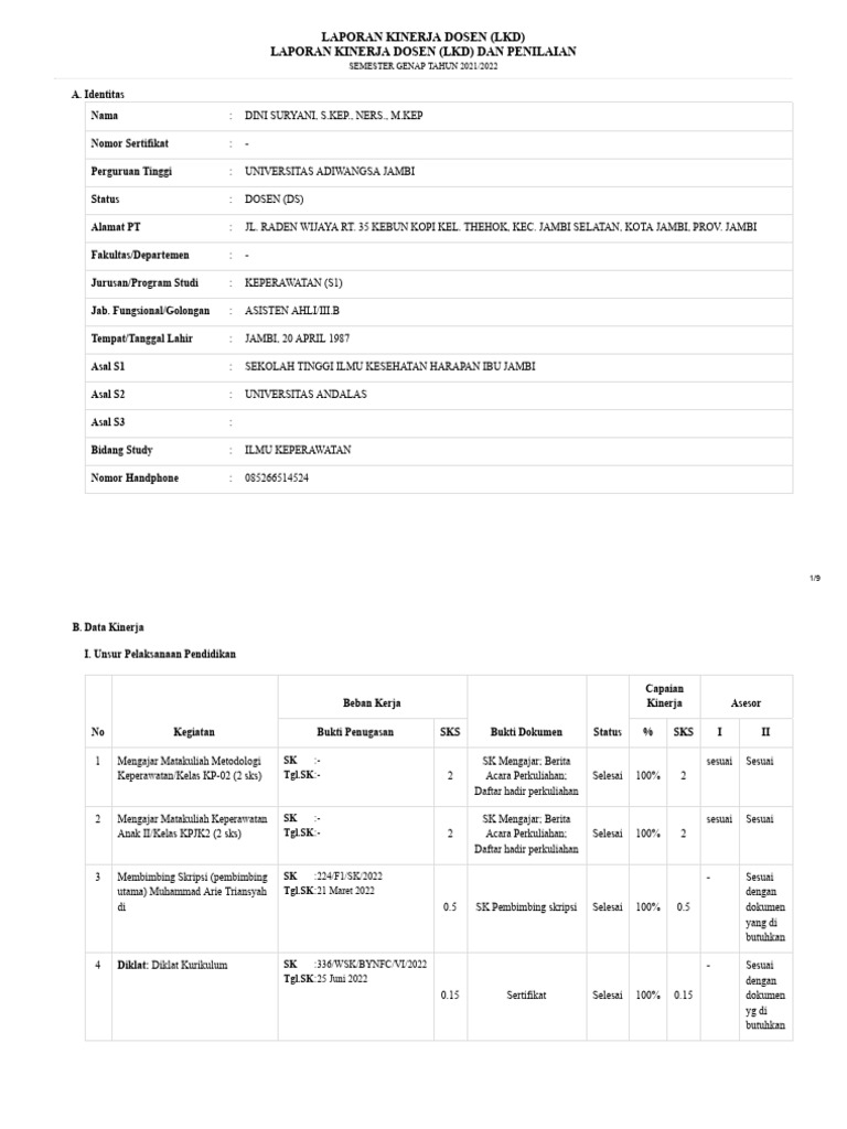 TTD Kinerja Dosen T - A - 2021 - 2022 Genap | PDF