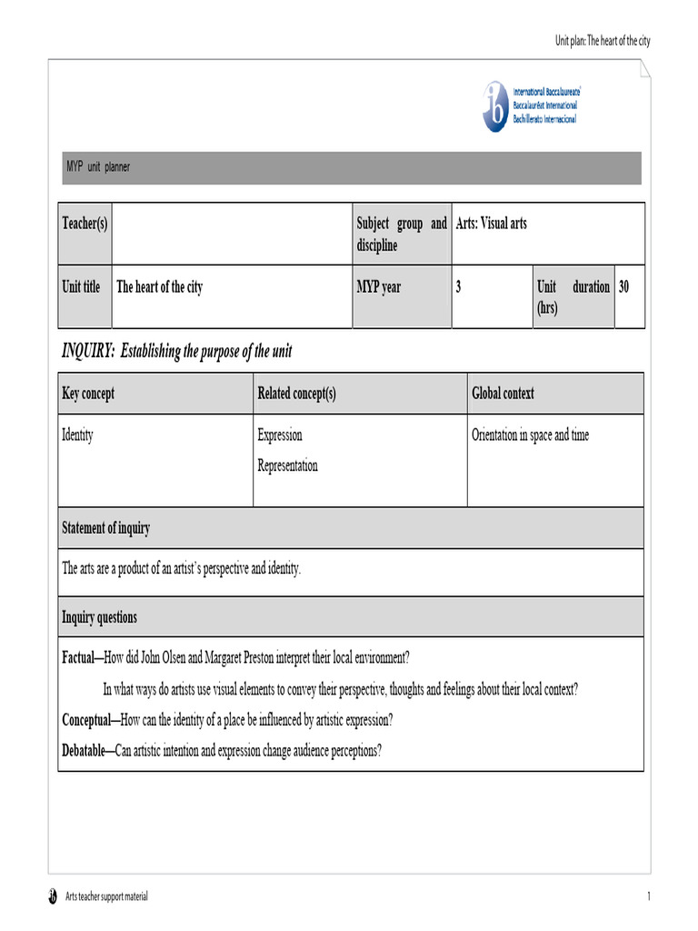 MYP3 Unit Planner Visual Art Heart en | PDF | Drawing | Learning