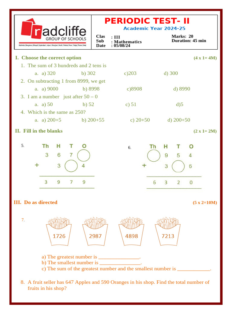 PT- 1 class iii maths | PDF | Mathematics | Arithmetic
