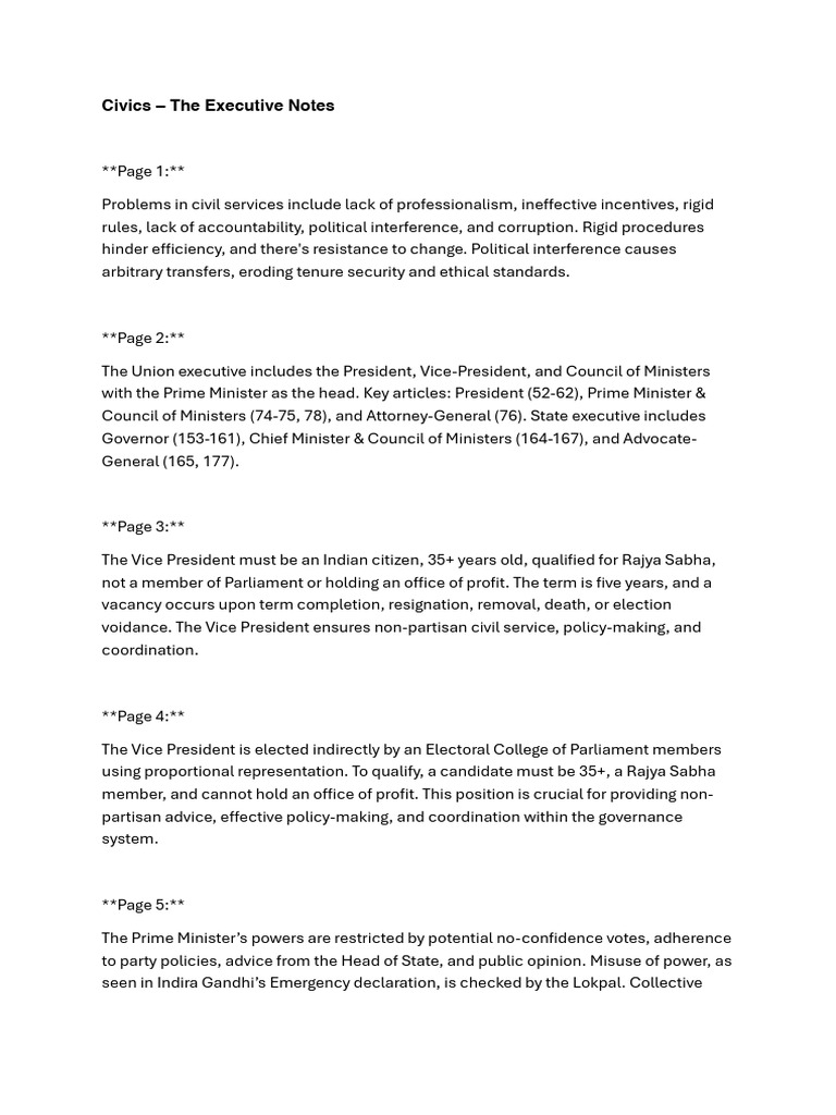 civics notes - The Excutive | PDF | Separation Of Powers | Democracy