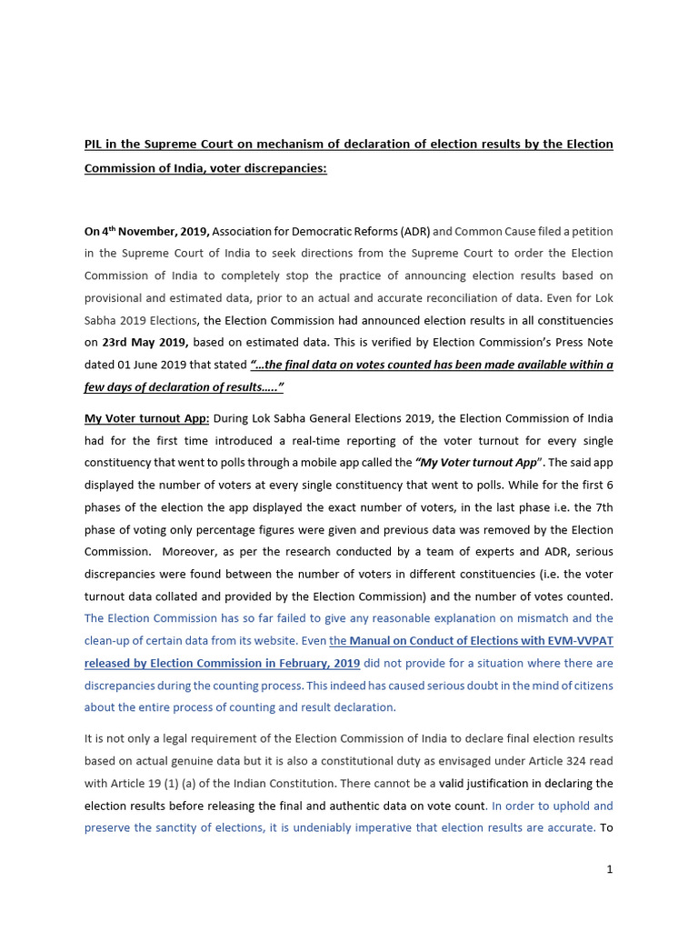 VVPAT ADR Petition and Application Summary 14thoct2020 | PDF | Elections | Voting