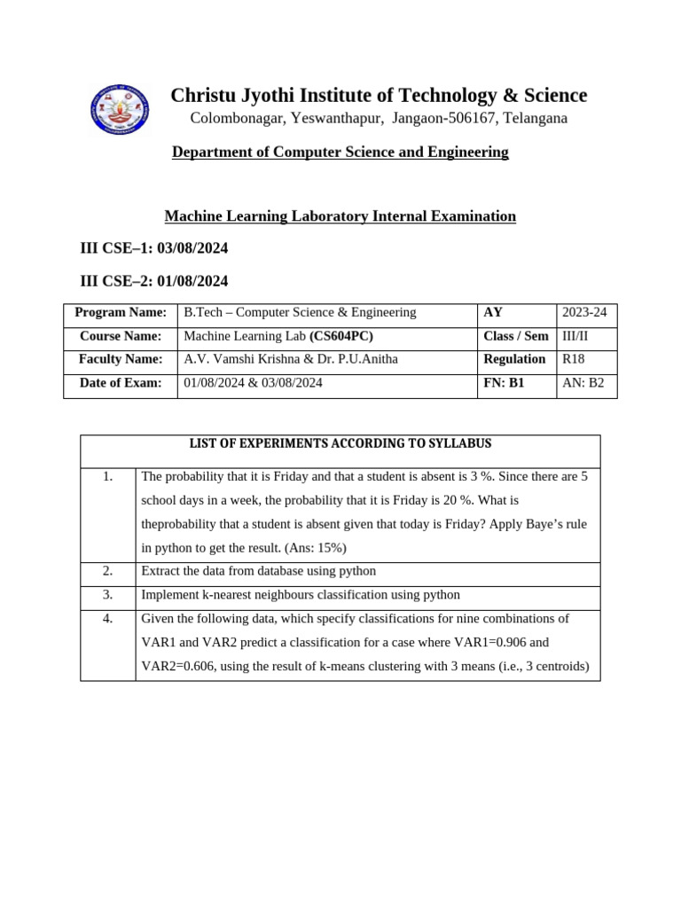 Machine Learning Lab Exam Guide | PDF | Statistical Classification | Machine Learning