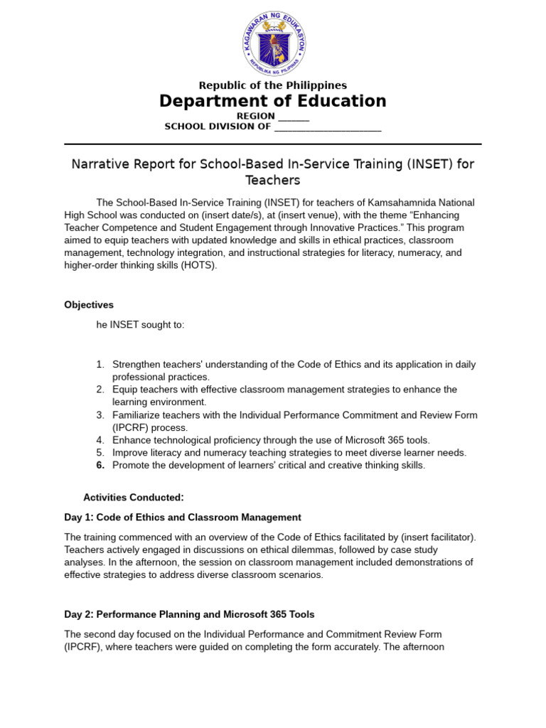 Narrative REport INSET Training | PDF | Teachers | Learning