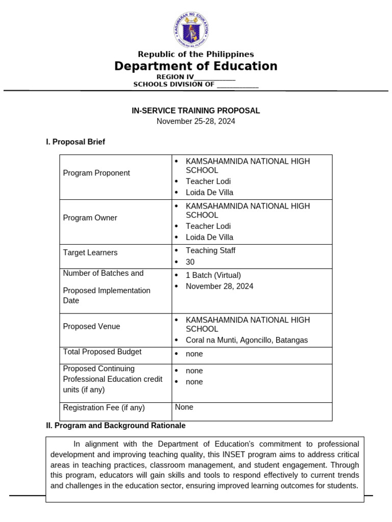 INSET-TRAINING-PROPOSAL | PDF | Teachers | Literacy