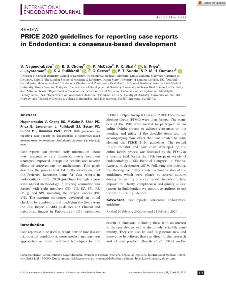 Case reports. Int Endodontic J - 2020 - Nagendrababu - PRICE 2020 ...