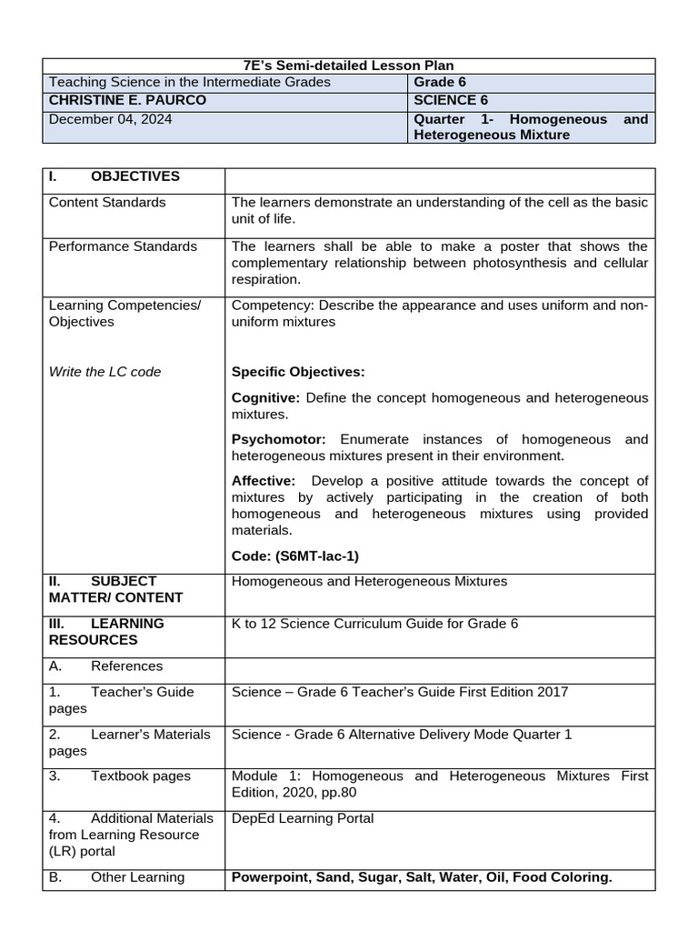 2a Paurco 7es Lessonplan | PDF | Mixture | Homogeneity And Heterogeneity