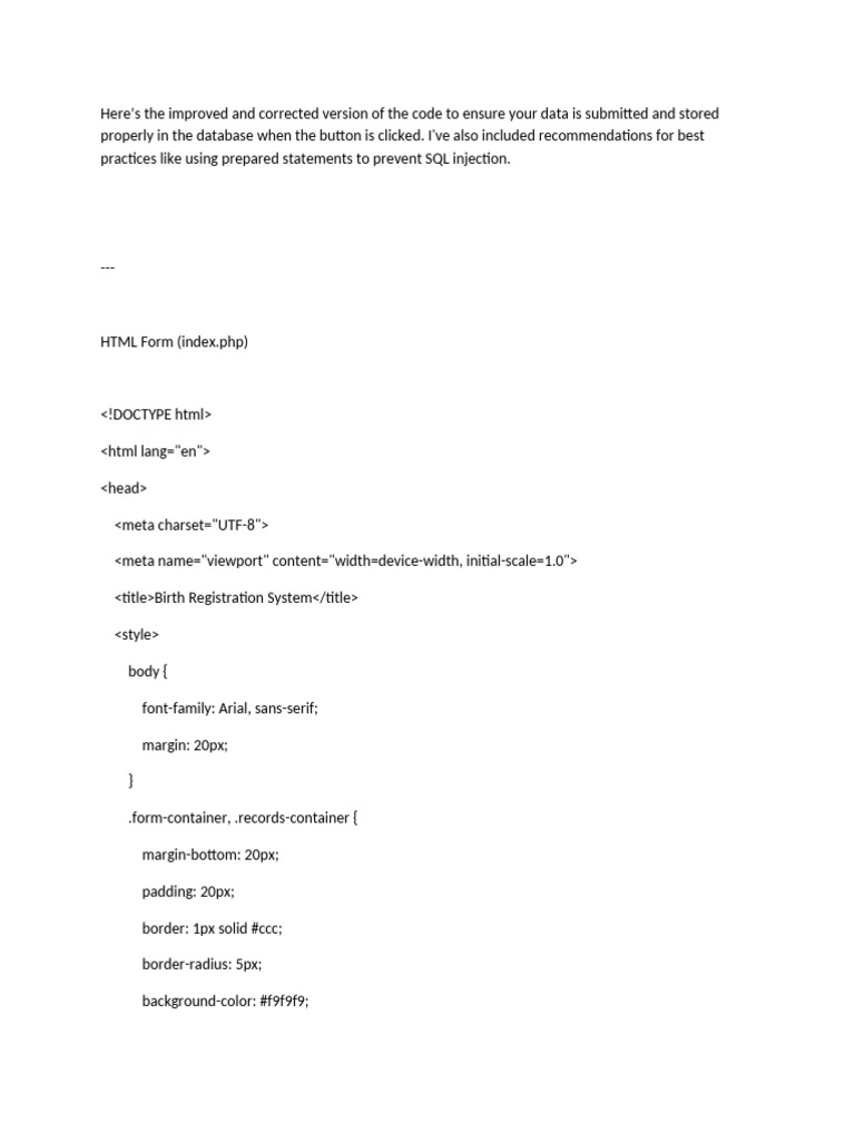 Birth Registration System Code Guide | PDF | Databases | Computer Data