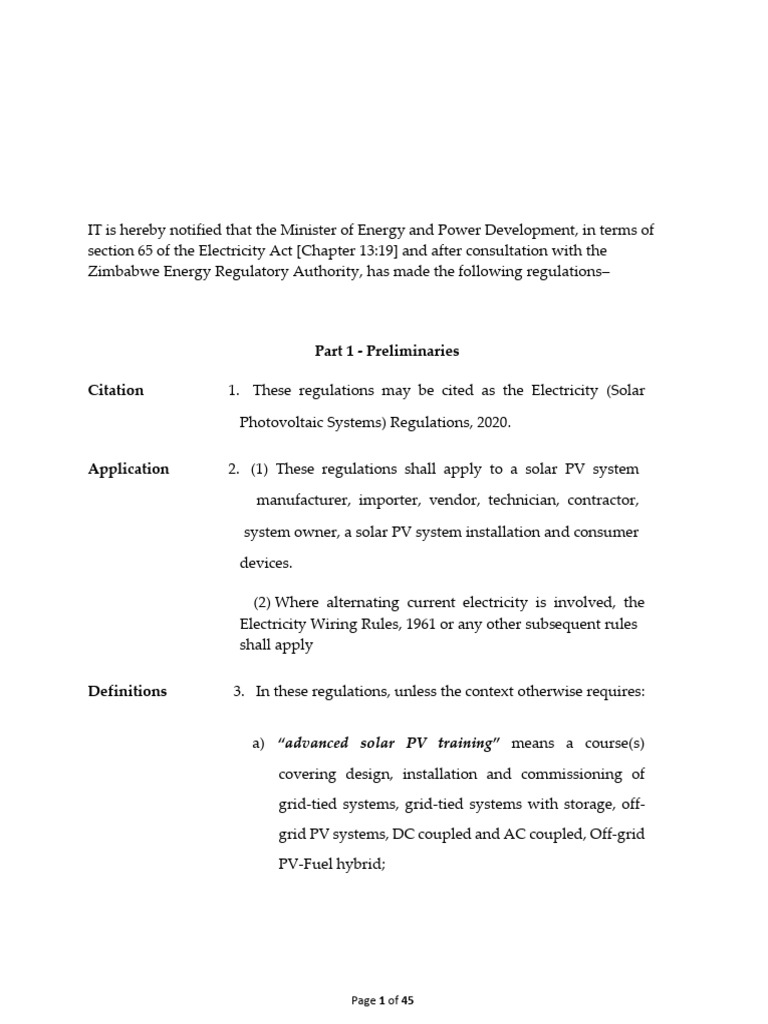 Draft Electricity Solar PV Systems Installation Regulations 2020 | PDF ...