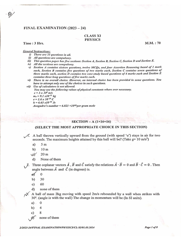 SOMERVILLE DELHI Physics Paper Final Examination XI | PDF