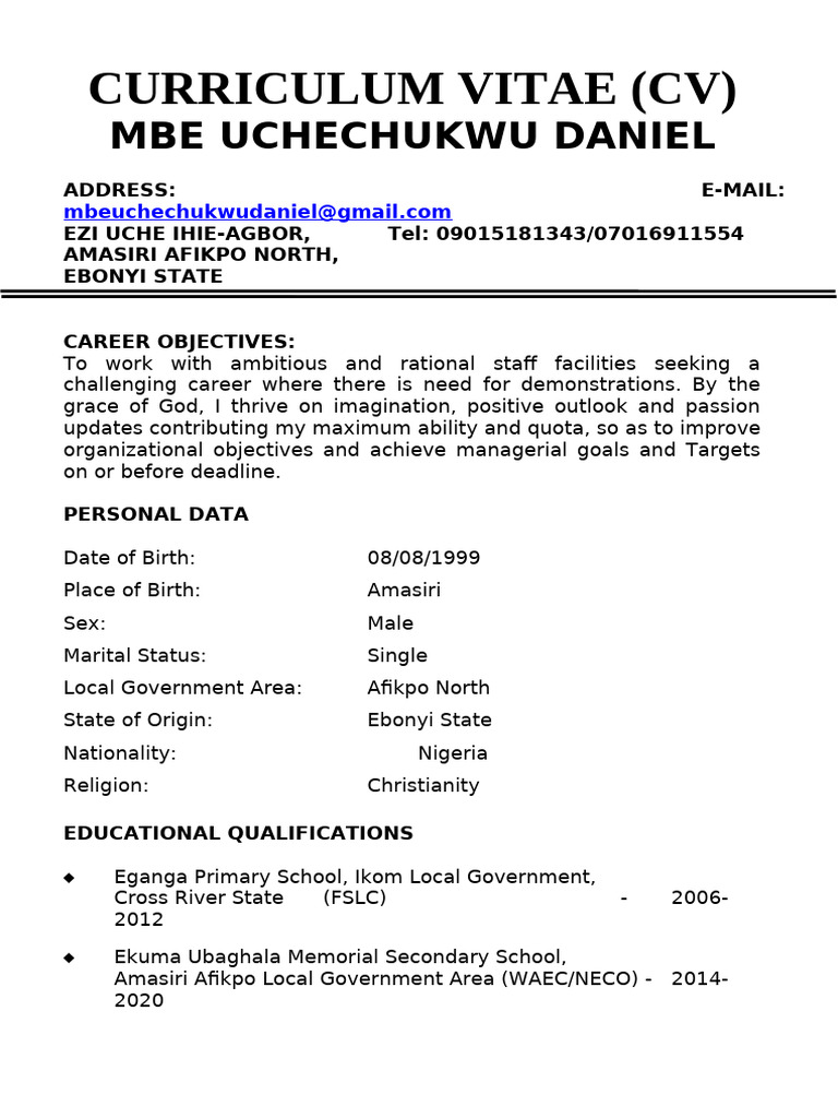 Mbe Uchechukwu Daniel's CV | PDF