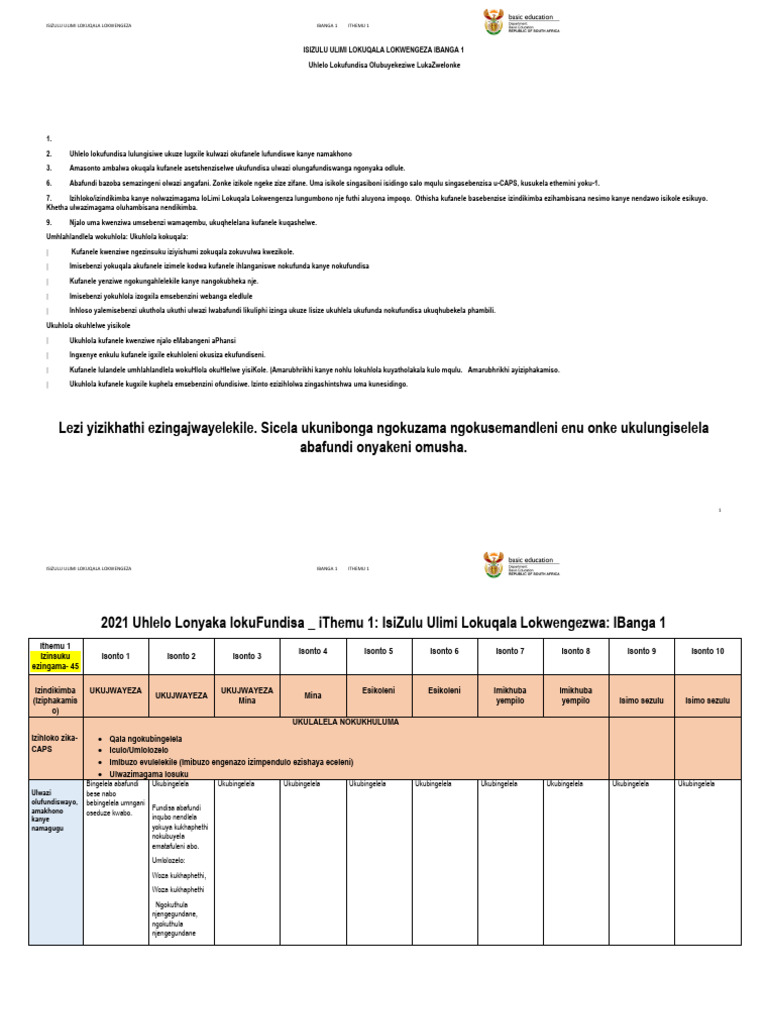 Grade 1 Isizulu Fal Term 1 | PDF