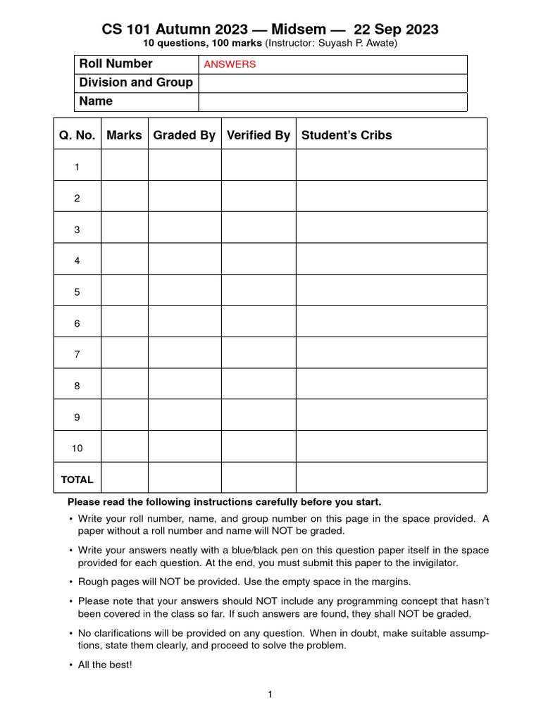 Cs101 2023 Autumn Midsem Pdf Computer Science Computing