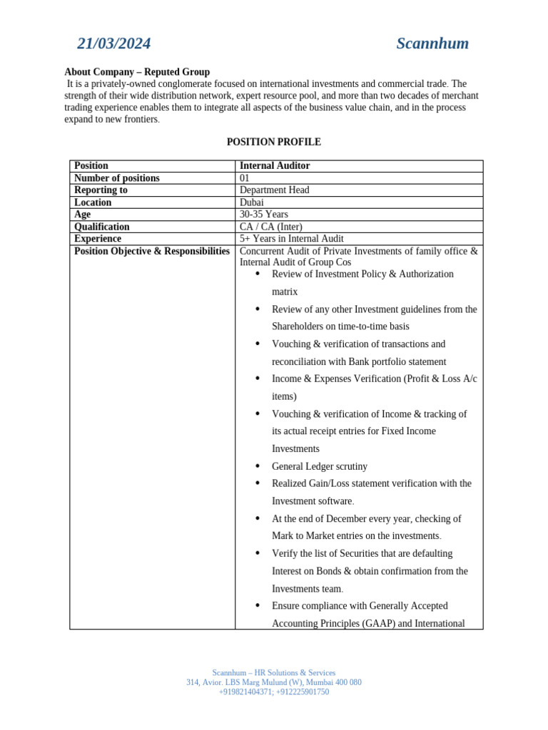 Internal Auditor Position in Dubai | PDF | Audit | Internal Audit