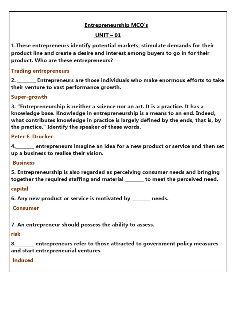 Entrepreneurship MCQ's | PDF | Entrepreneurship | Partnership