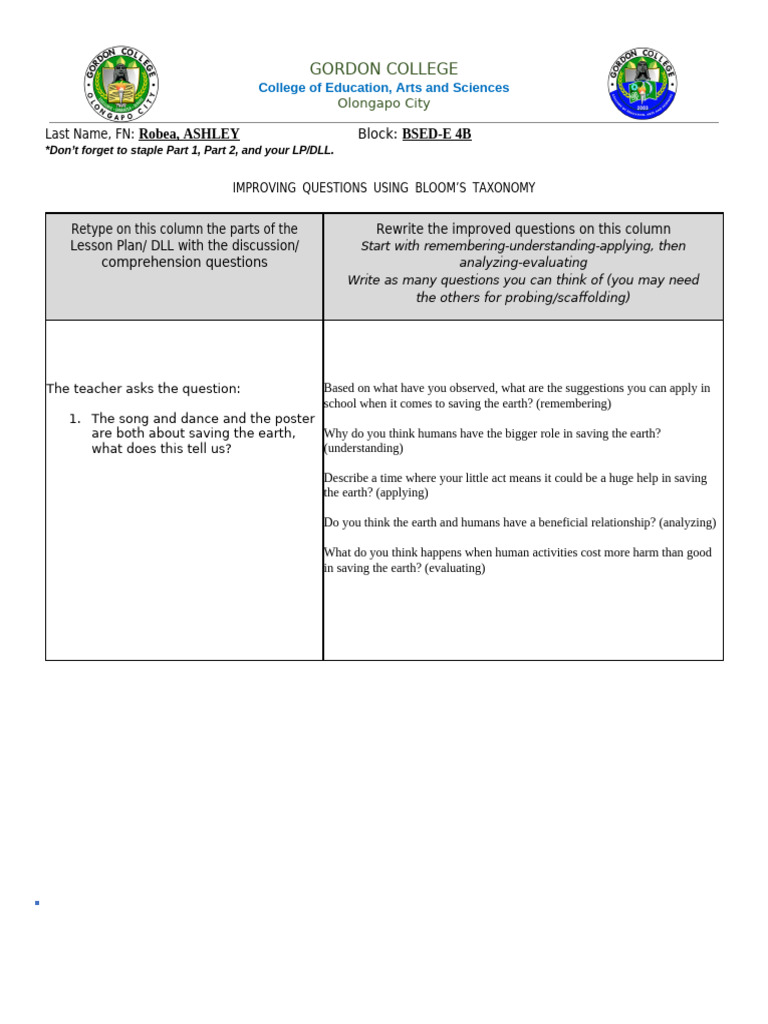 Ashley Robea - Lesson Plan Analysis Part 2. Improving Questions Using ...